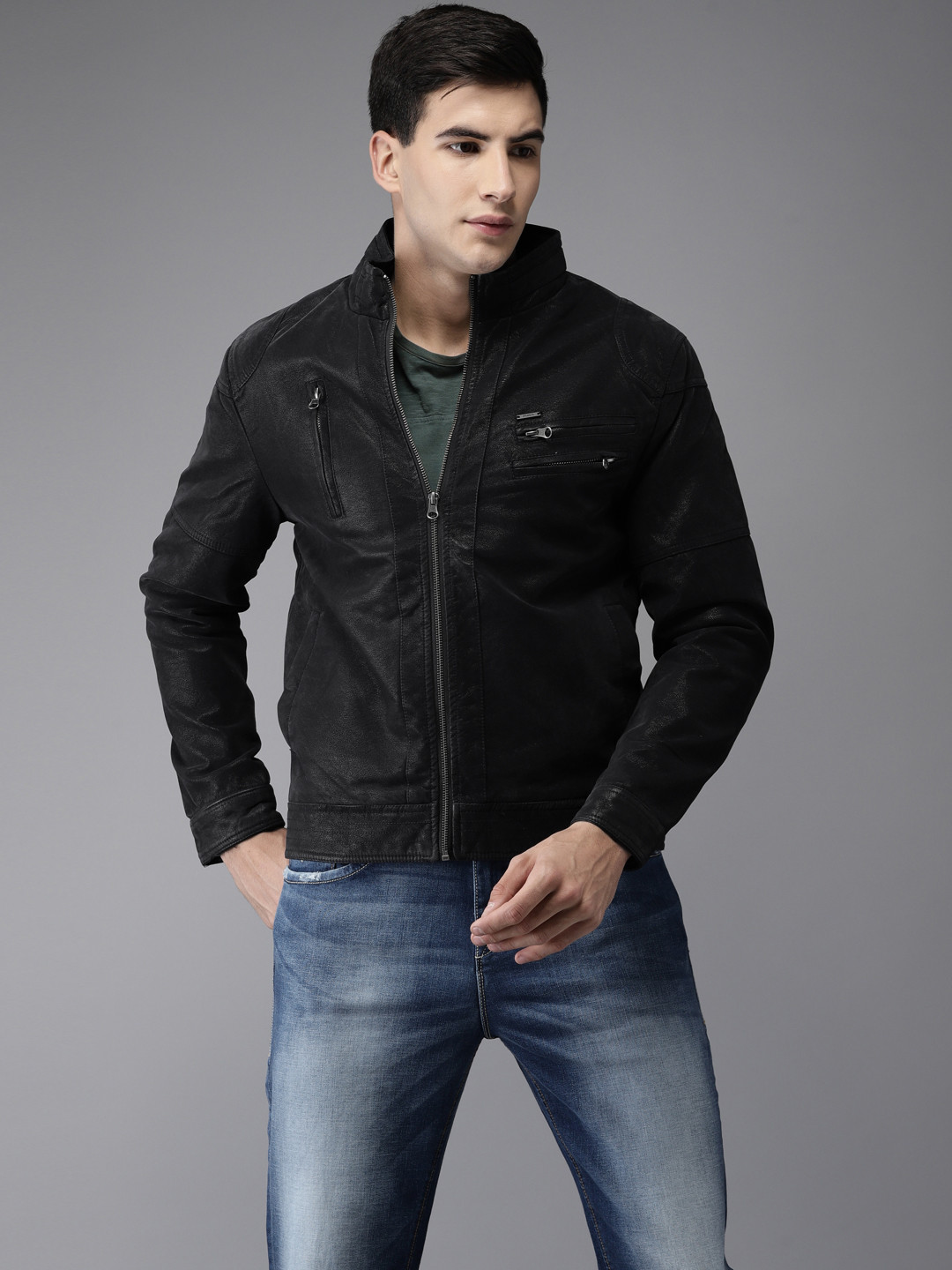 Buy Flying Machine Men Navy Solid Biker Jacket - Jackets for Men ...
