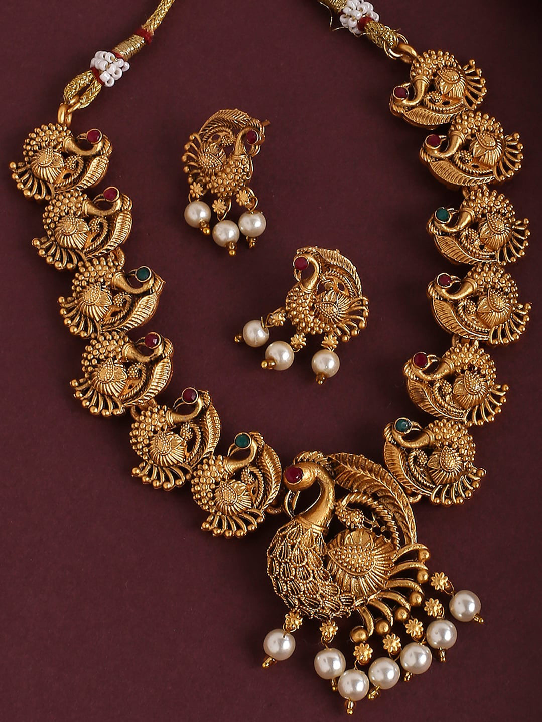 Buy OOMPH Gold Plated Stone Studded & Beaded Peacock Design Necklace ...