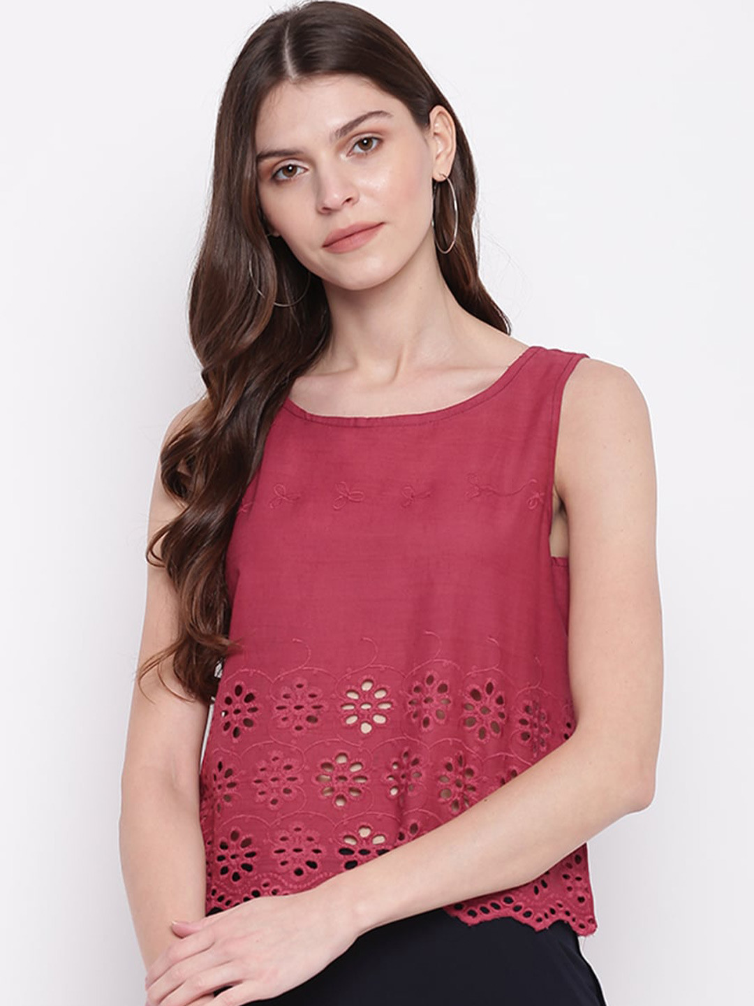 Buy Mayra Self Design Cut Out Sleeveless Pure Cotton A Line Top - Tops ...