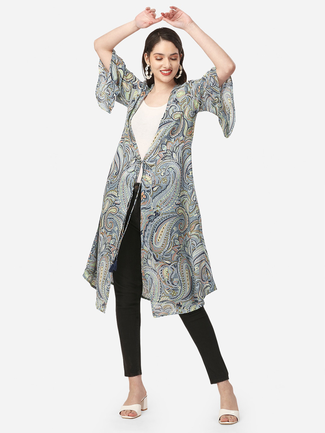 Buy Fbella Women Printed Longline Tie Up Shrug - Shrug for Women ...