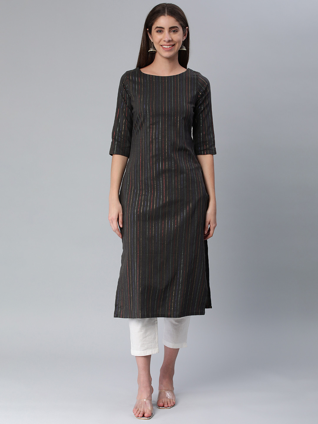 Buy HRITIKA Women Striped Boat Neck Straight Kurta - Kurtas for Women ...