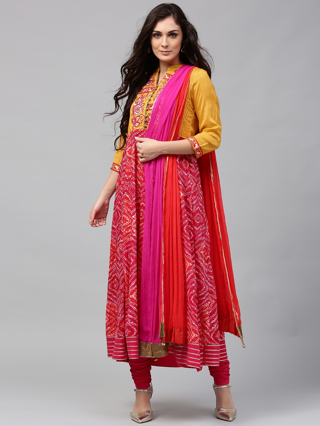 Buy Rain And Rainbow Women Mustard Yellow And Pink Printed Kurta With