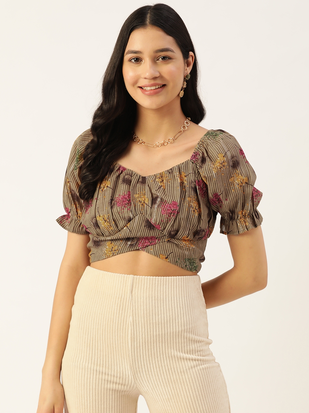 Buy Slenor Floral Print Sweetheart Neck Georgette Crop Top Tops For