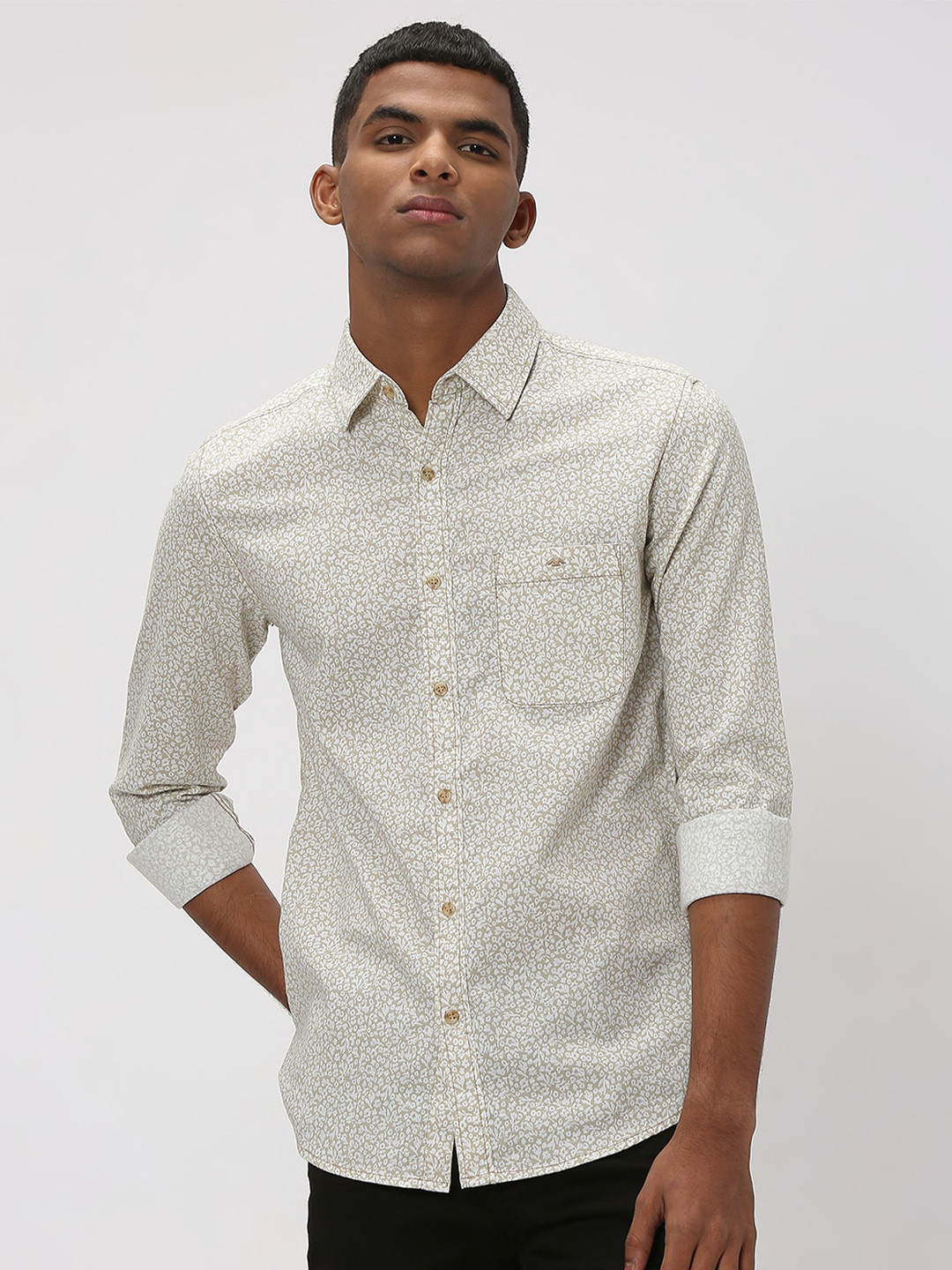 Buy Mufti Men Trim Slim Fit Floral Sheer Printed Casual Cotton Linen ...