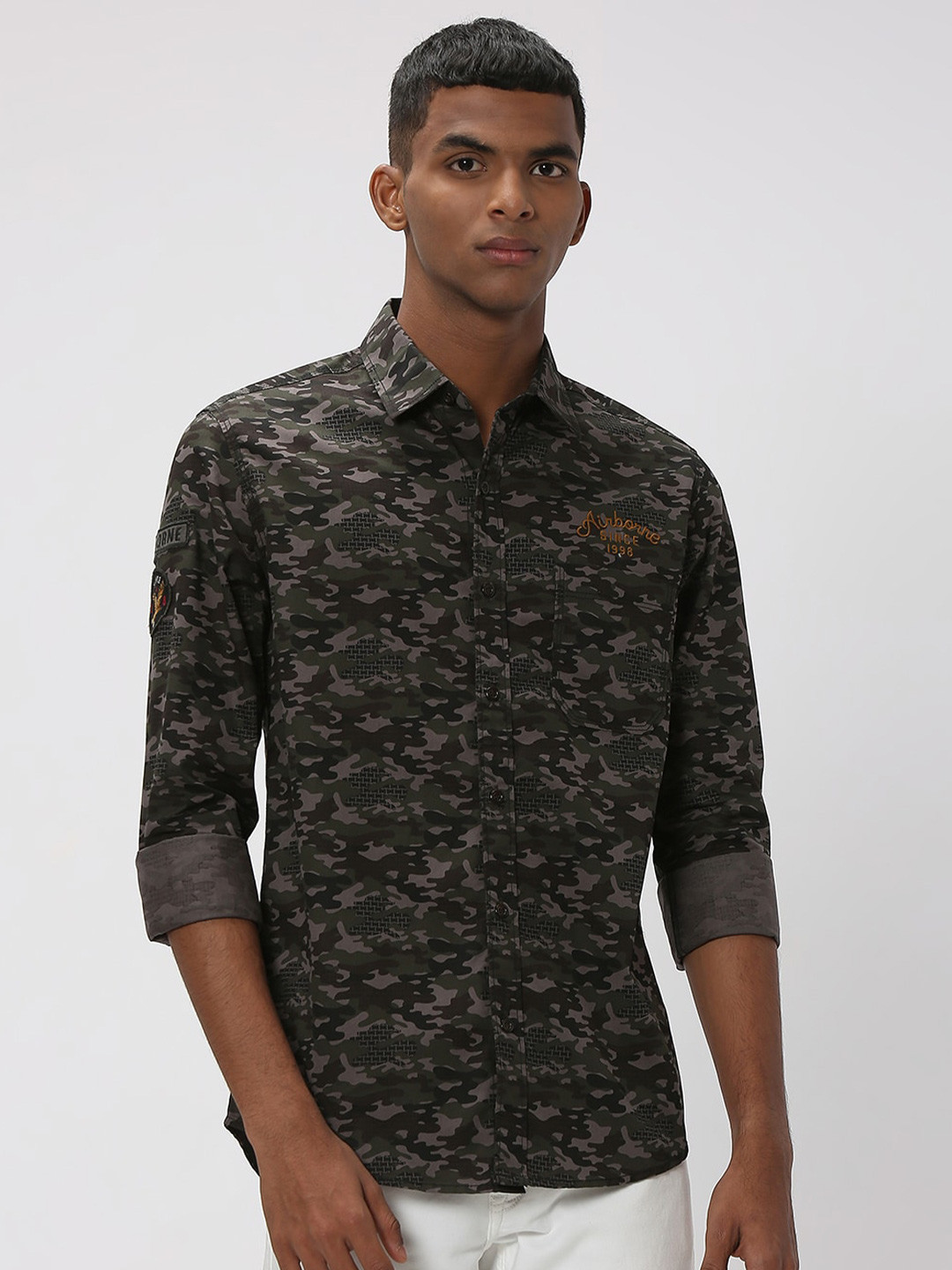 Buy Mufti Men Trim Slim Fit Camouflage Printed Casual Pure Cotton Shirt ...