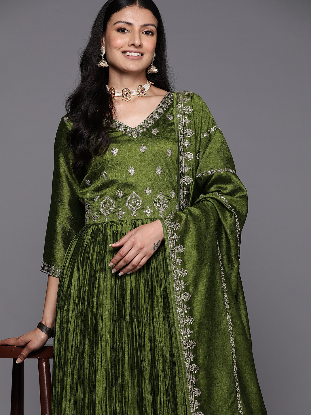 Buy Libas Women Green Floral Embroidered Empire Sequinned Kurta With ...