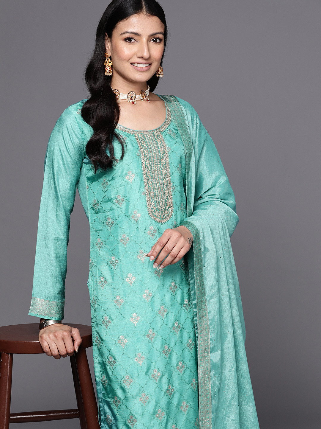 Buy Libas Women Sea Green Floral Kurta With Trousers & With Dupatta ...