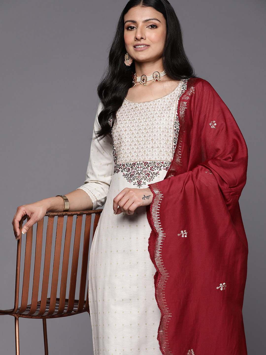 Buy Libas Floral Embroidered Kurta With Trousers & With Dupatta - Kurta ...