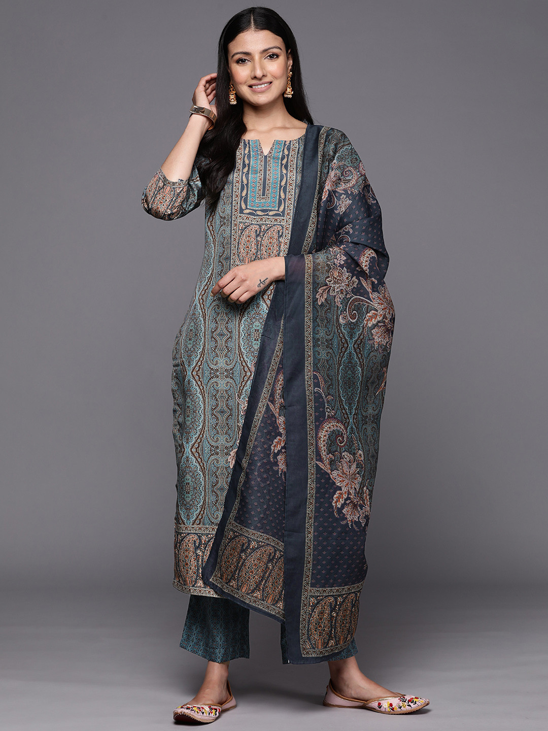 Buy Libas Ethnic Motifs Printed Kurta With Trousers & With Dupatta ...