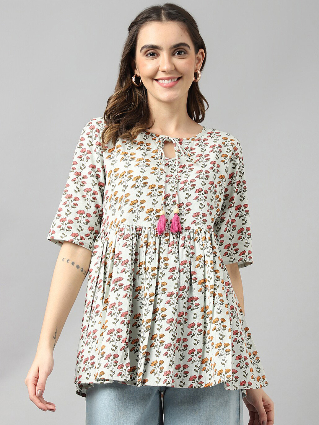Buy DECKEDUP Blue Floral Print Tie Up Neck Empire Longline Top - Tops ...