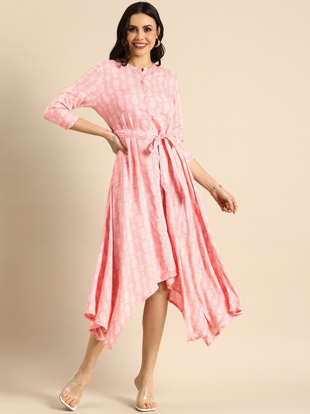 Buy Anouk Ethnic Motifs Print Shirt Style Midi Dress With Fabric Belt