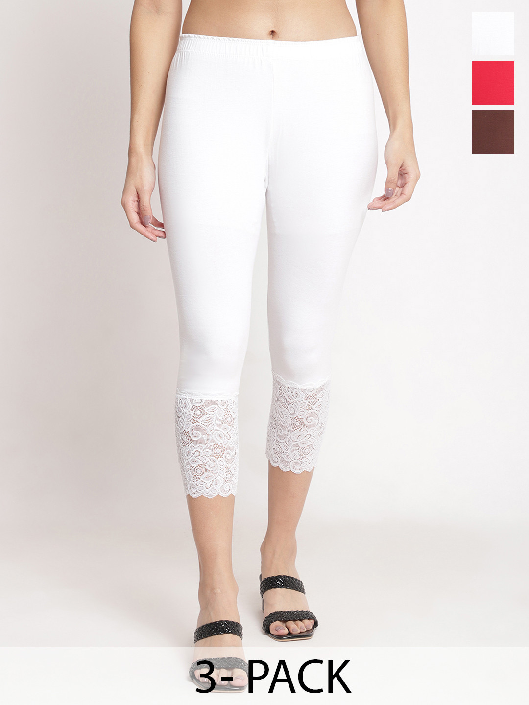 Buy Jinfo Women Pack Of 3 Lace Hem Skinny Fit Capris - Capris for Women ...