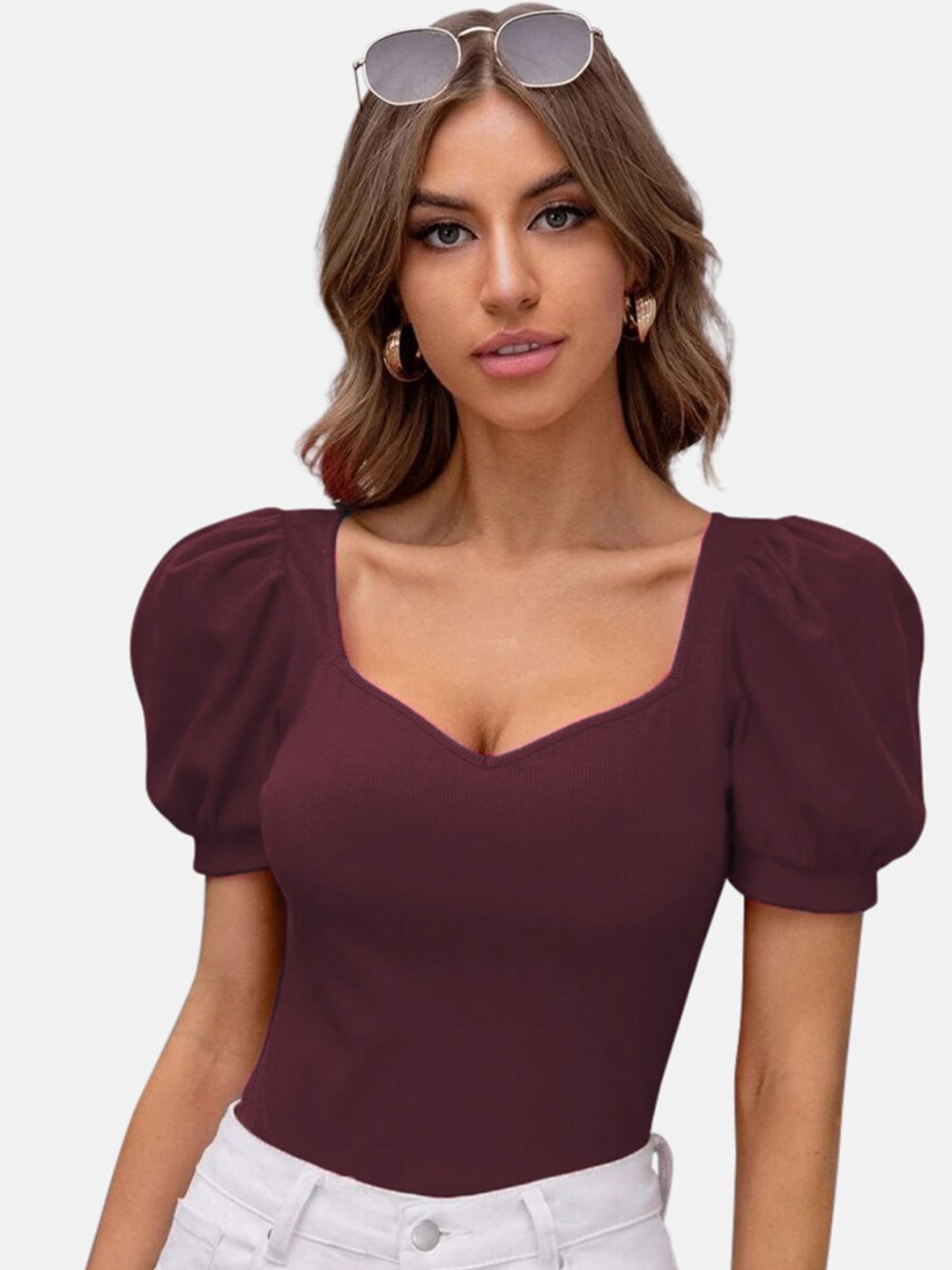 Buy Buy New Trend Sweetheart Neck Puff Sleeves Fitted Top Tops For