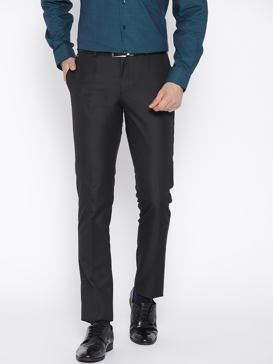 Buy Blackberrys Men Black Tapered Fit Textured Formal Trousers ...
