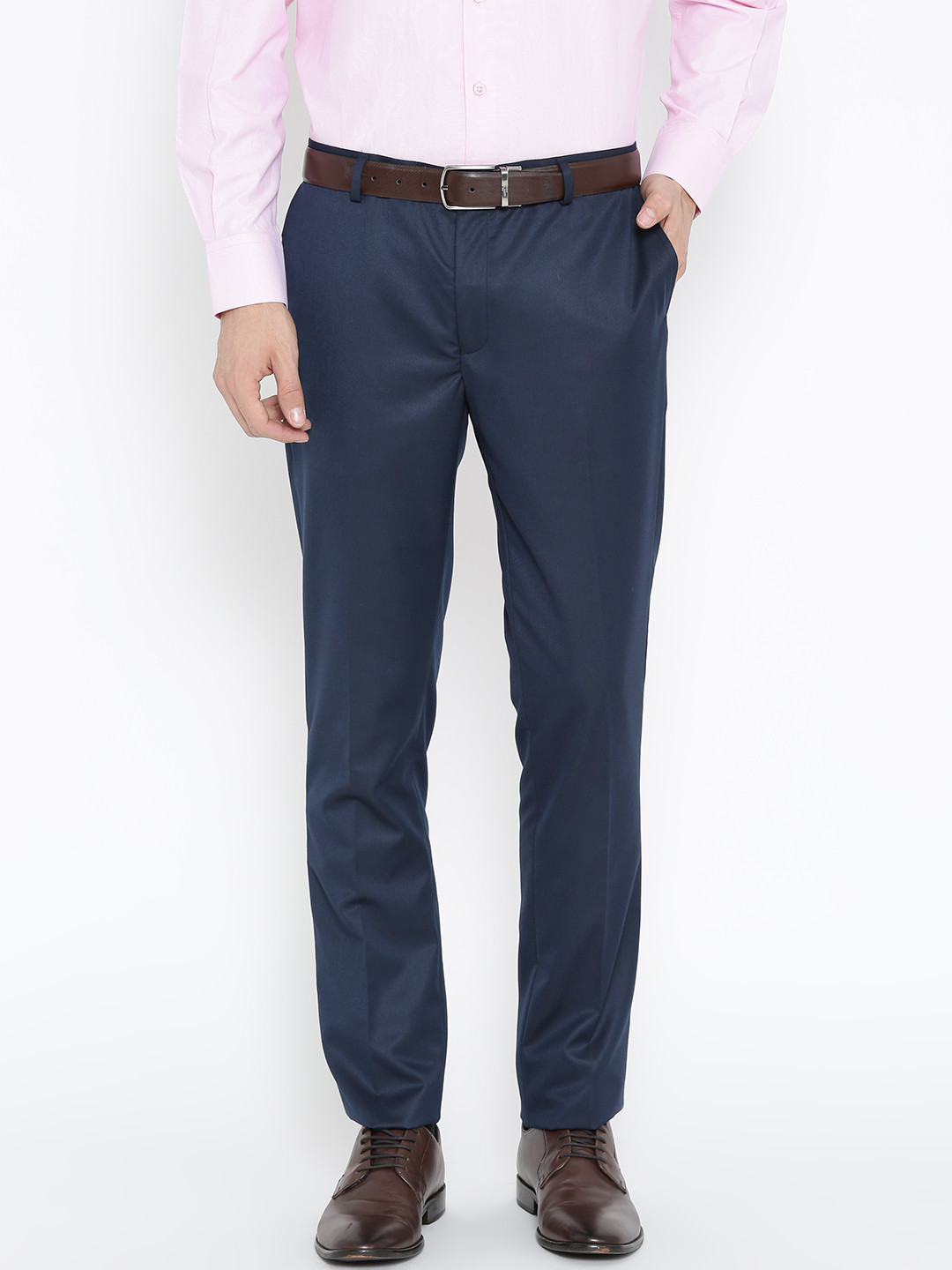 Buy Blackberrys Men Navy Blue Sharp Fit Solid Formal Trousers ...