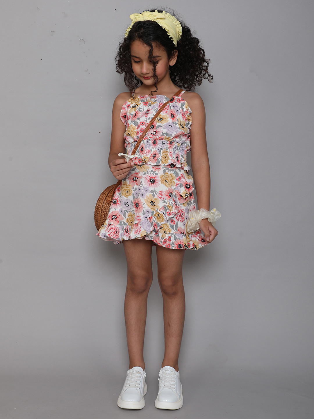 Buy Taffykids Girls Printed Shoulder Straps Crop Top With Ruffled Skirt ...