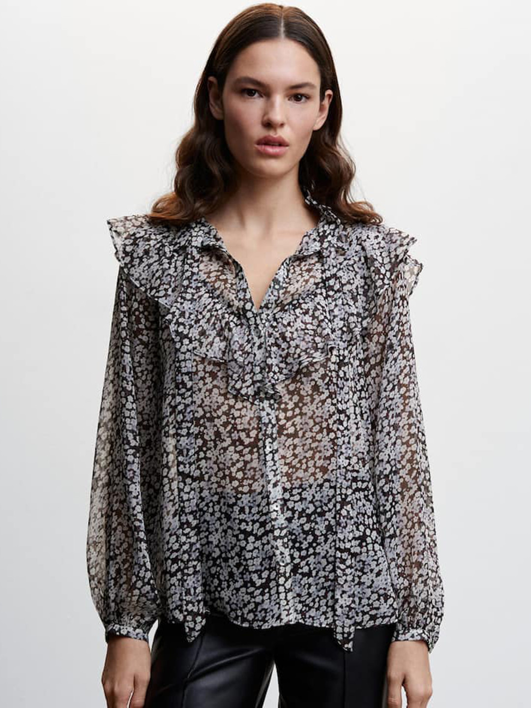 Buy MANGO Floral Print Tie Up Neck Ruffles Detailed Shirt Style Top ...
