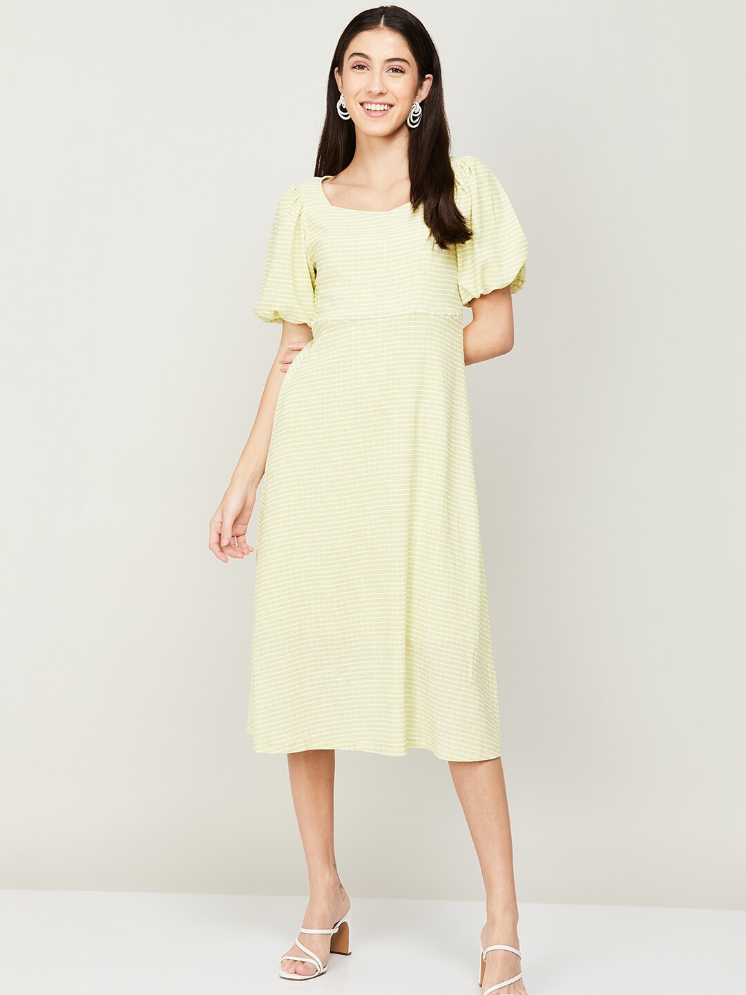 Buy Code By Lifestyle Striped Puff Sleeves A Line Midi Dress Dresses
