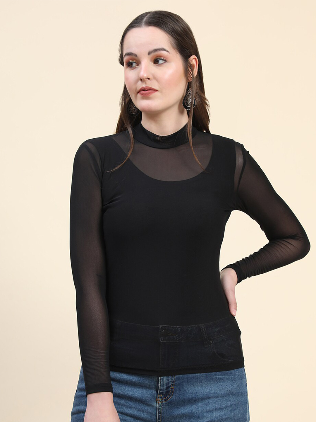 Buy Rediscover Fashion High Neck Sheer Net Top - Tops for Women ...