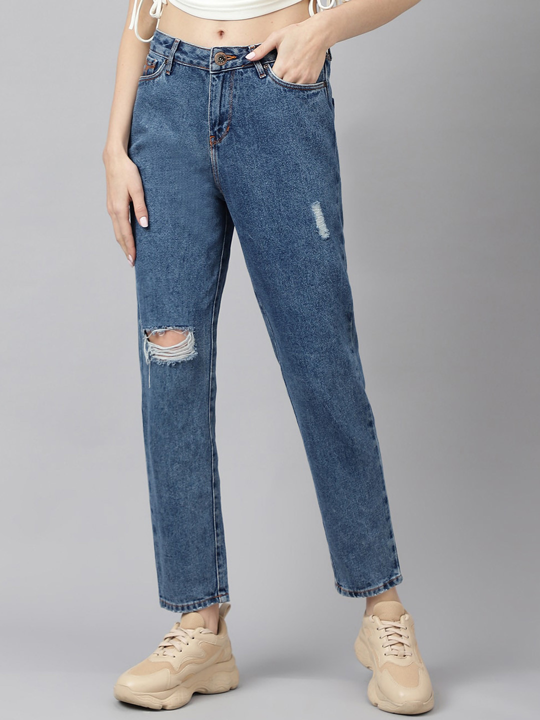 Buy Xpose Women Comfort High Rise Mom Fit Mildly Distressed Pure Cotton ...