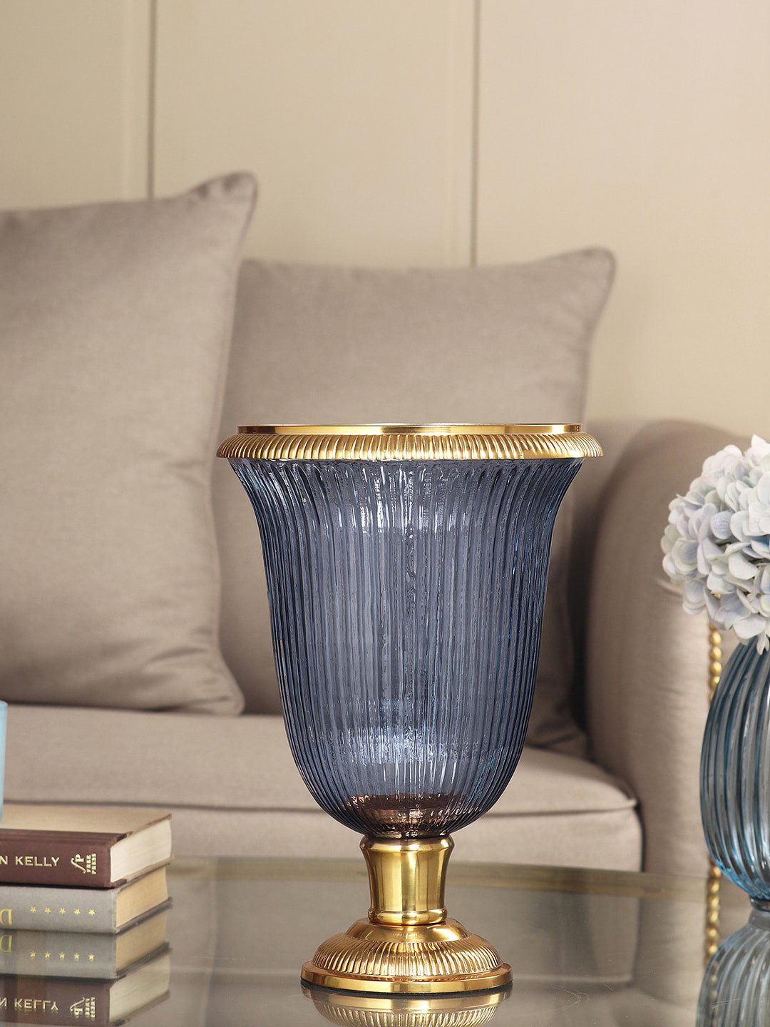 Buy Pure Home And Living Blue Ribbed Textured Hurricane Shaped Glass ...