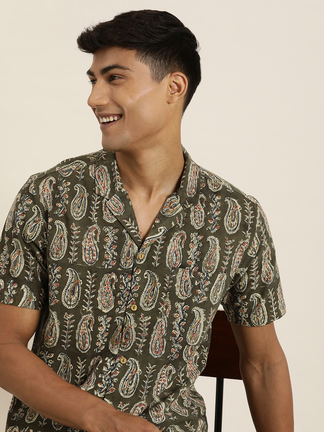 Buy Taavi Kalamkari Cuban Collar Ethnic Motifs Printed Casual Shirt ...
