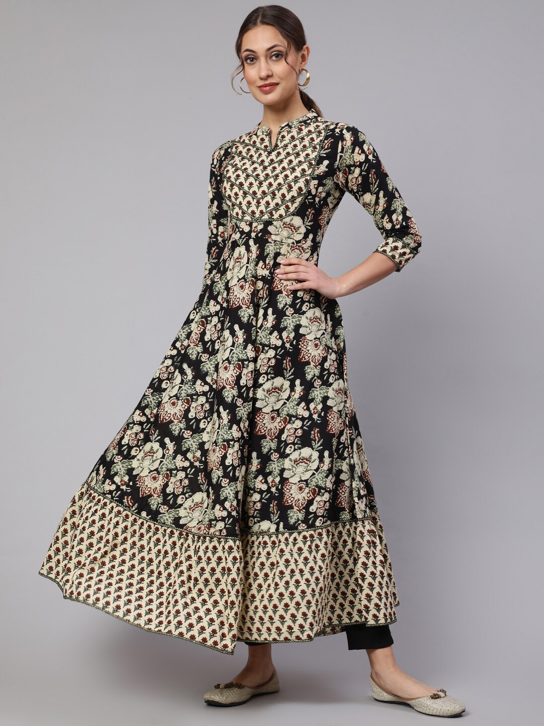 Buy Glam Roots Ethnic Motif Printed Band Collar Anarkali Cotton Kurta