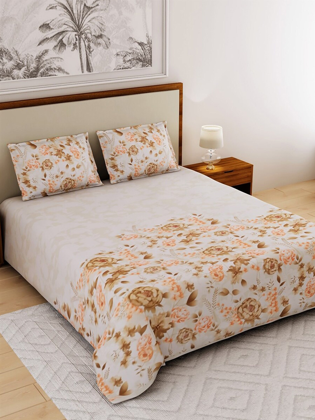 Buy Salona Bichona Invention Peach & White Floral 180 TC Queen Bedsheet ...