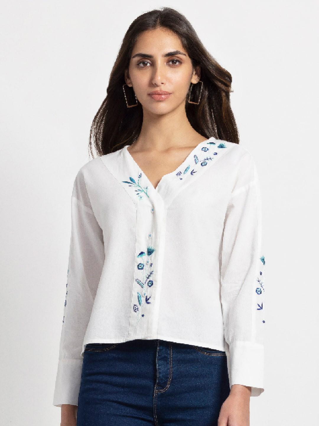 Buy SHAYE V Neck Long Cuffed Sleeves Floral Embroidered Cotton Top ...