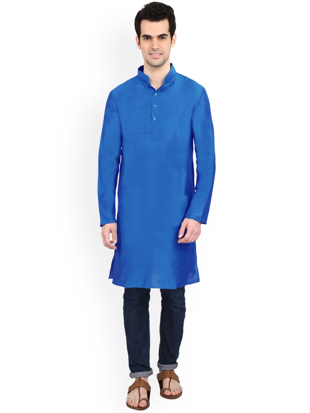 Buy Indian Attire Men Blue Solid Straight Kurta - Kurtas for Men ...