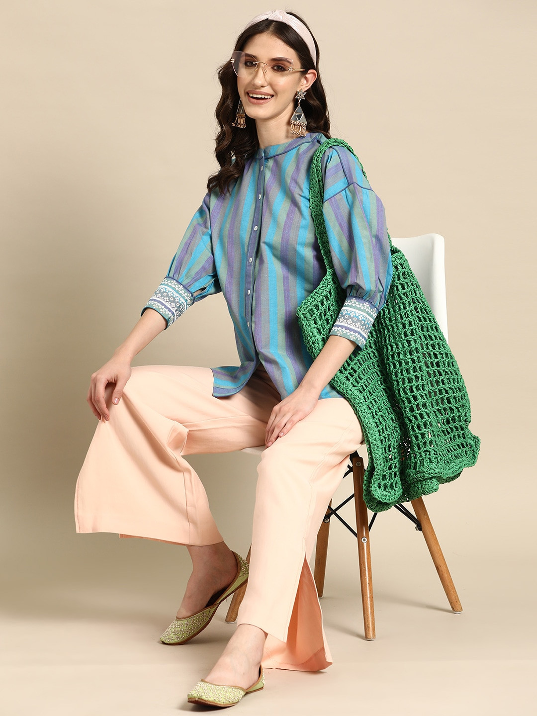 Buy Sangria Striped Mandarin Collar Puff Sleeve Shirt Style Longline ...