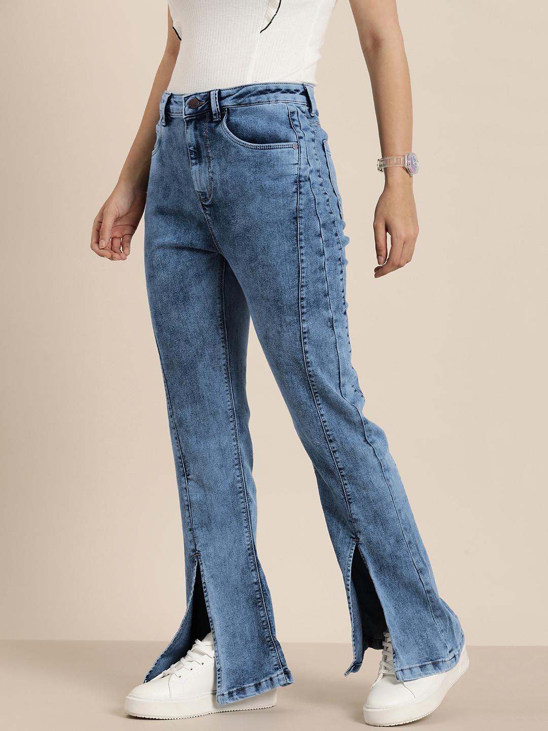 Buy HERE&NOW Women Flared Fit High Rise Heavy Fade Stretchable Jeans ...