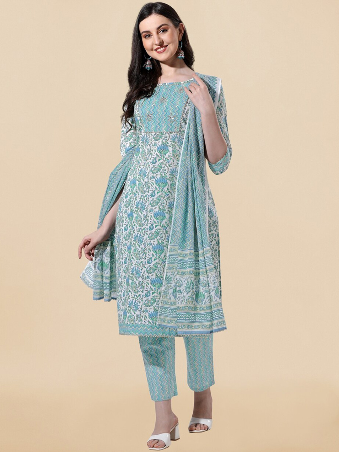 Buy KALINI Floral Printed Gotta Patti Pure Cotton Kurta With Trousers ...