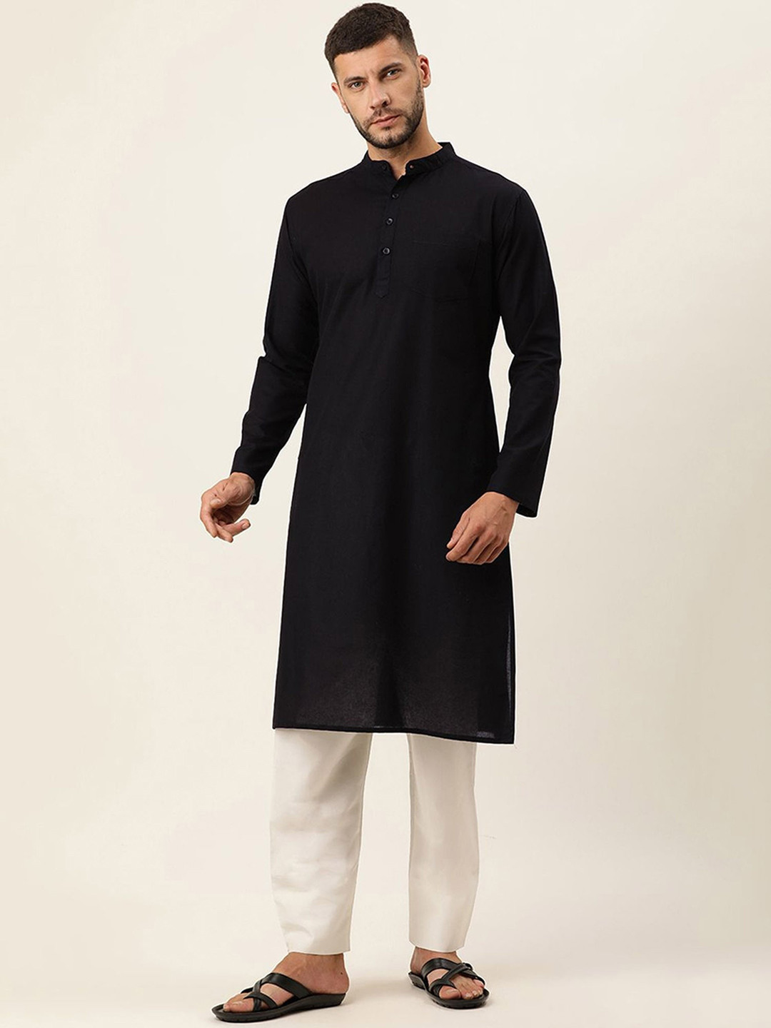 Buy Kryptic Pocket Side Slit Mandarin Collar Straight Cotton Kurta ...