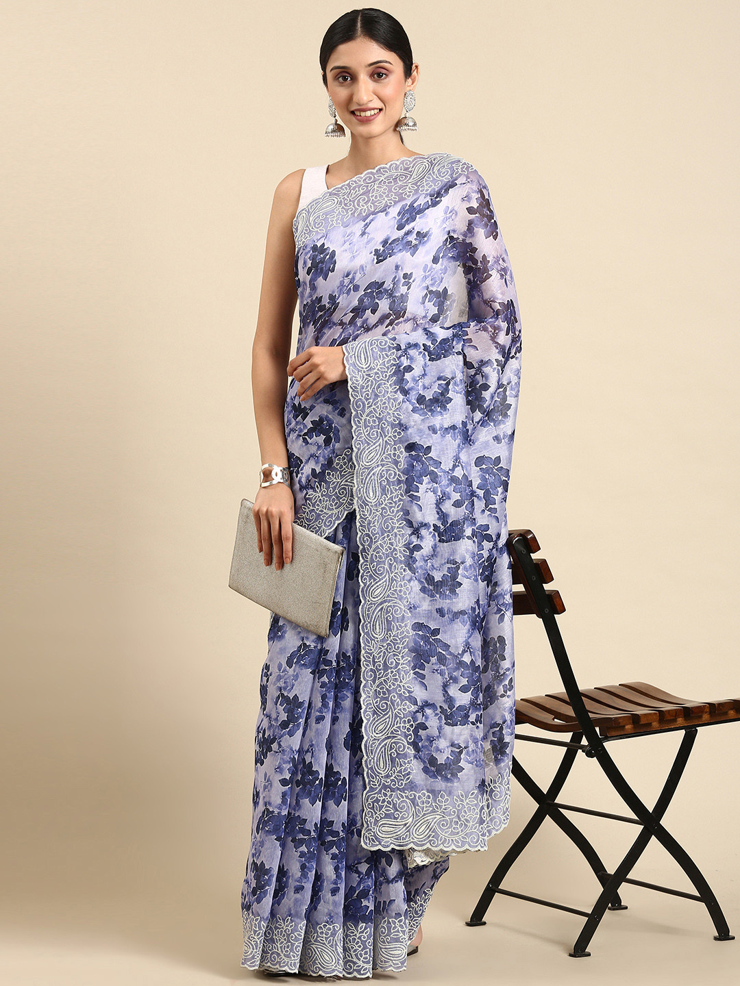 Buy VISHNU WEAVES Purple Floral Embroidered Organza Kovai Saree ...