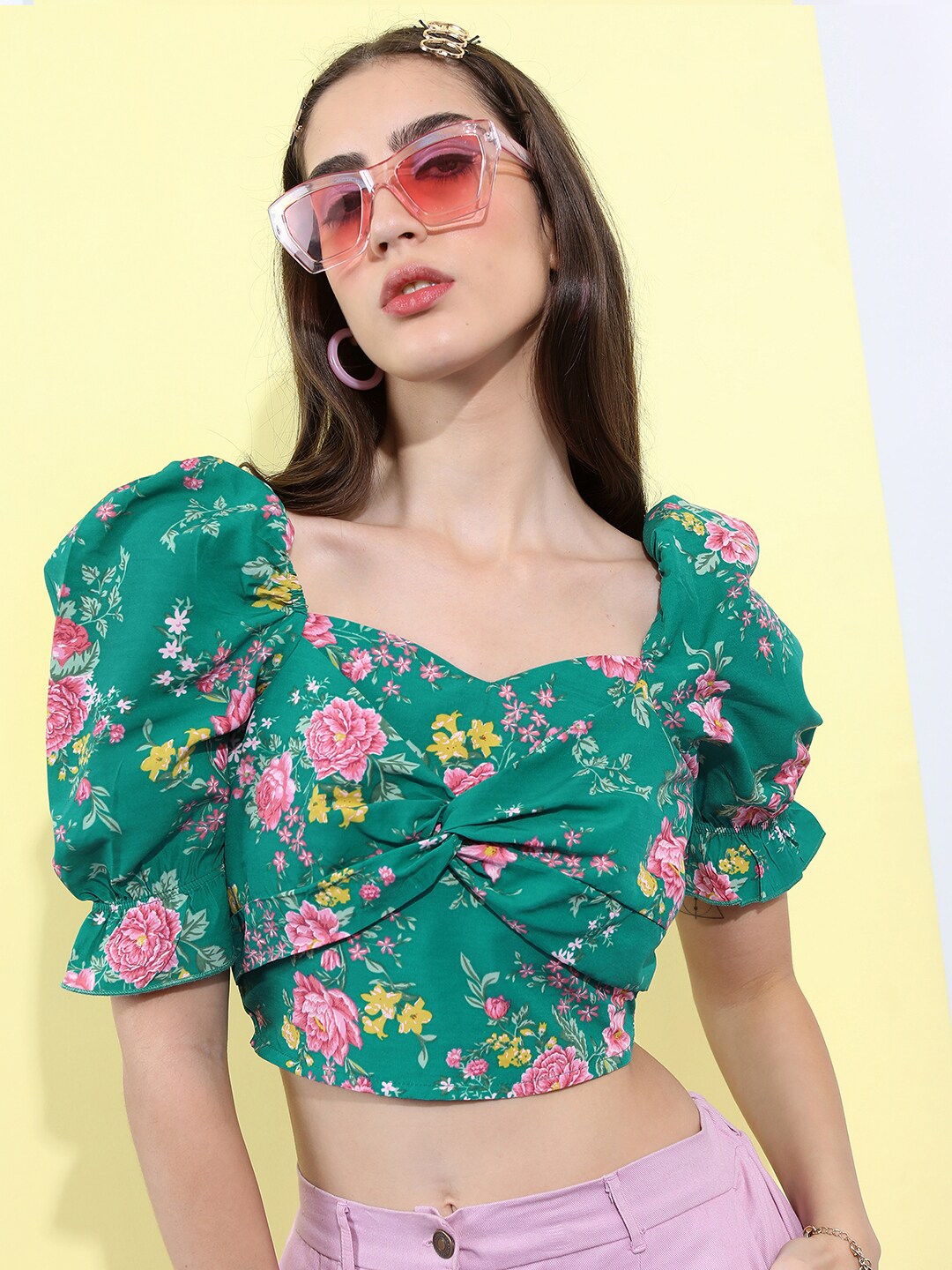 Buy Tokyo Talkies Floral Printed Sweetheart Neck Twisted Crop Top
