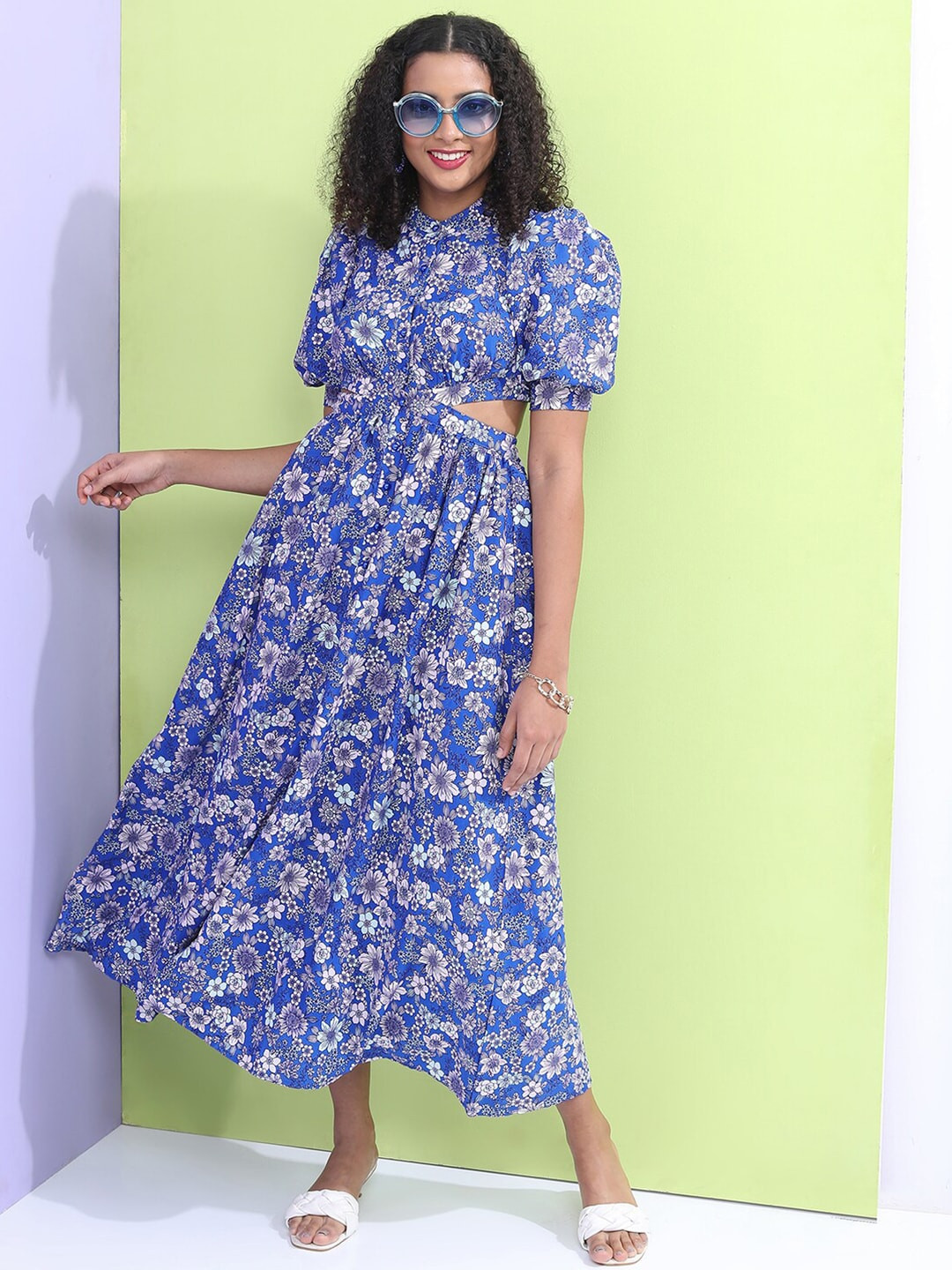 Buy Tokyo Talkies Floral Printed Cut Out Detail Puff Sleeves Maxi Dress ...