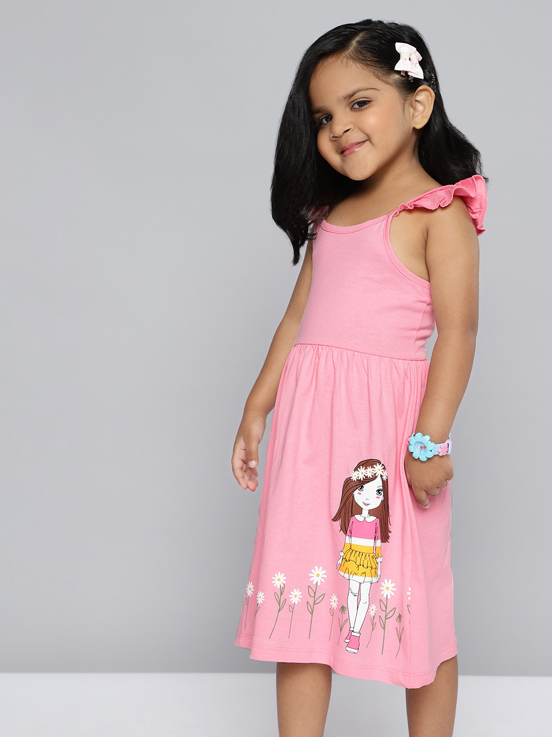 Buy HERE&NOW Girls Graphic Printed Pure Cotton Fit & Flare Dress ...