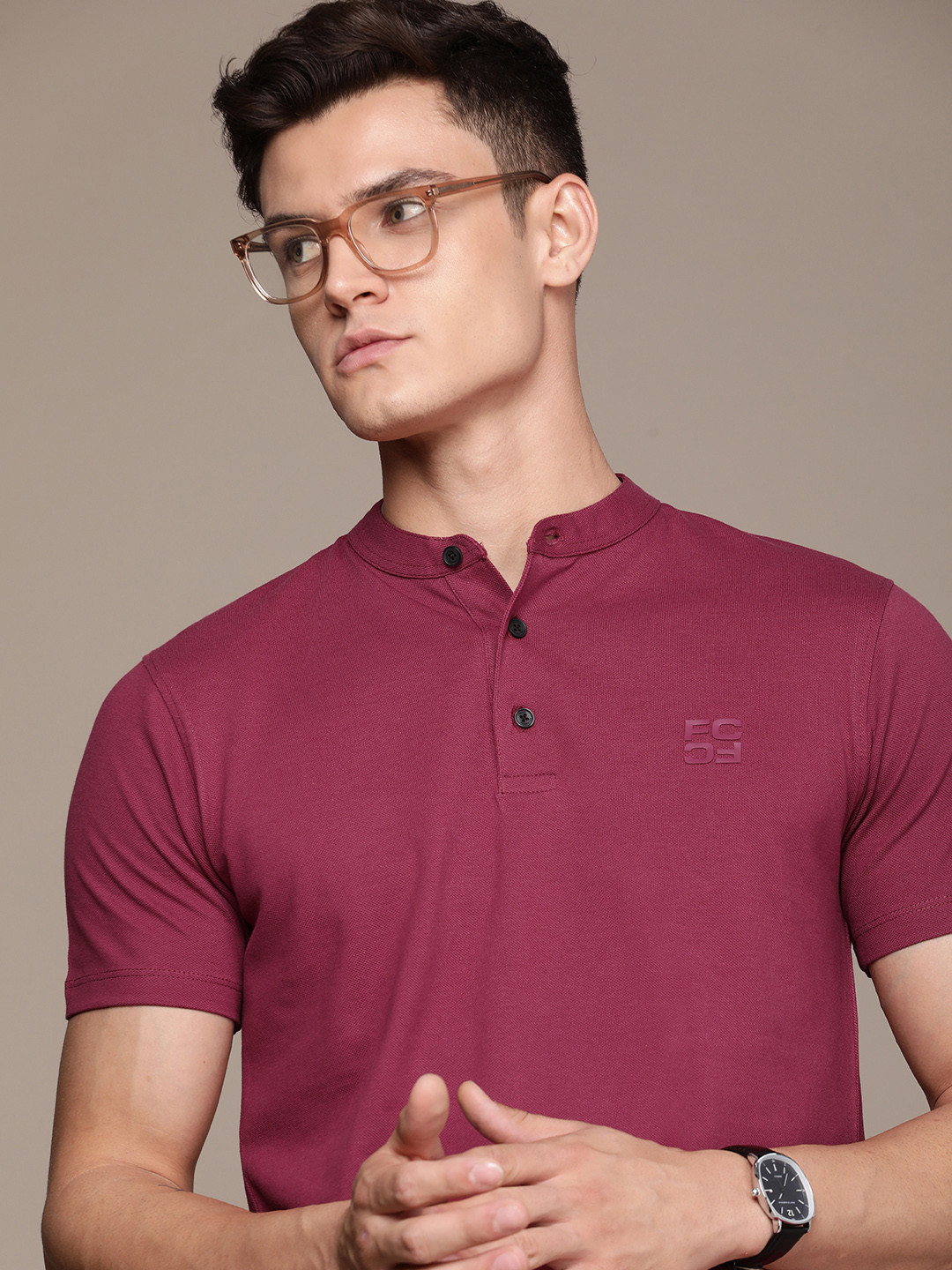 Buy French Connection Brand Logo Henley Neck Pure Cotton Applique T ...