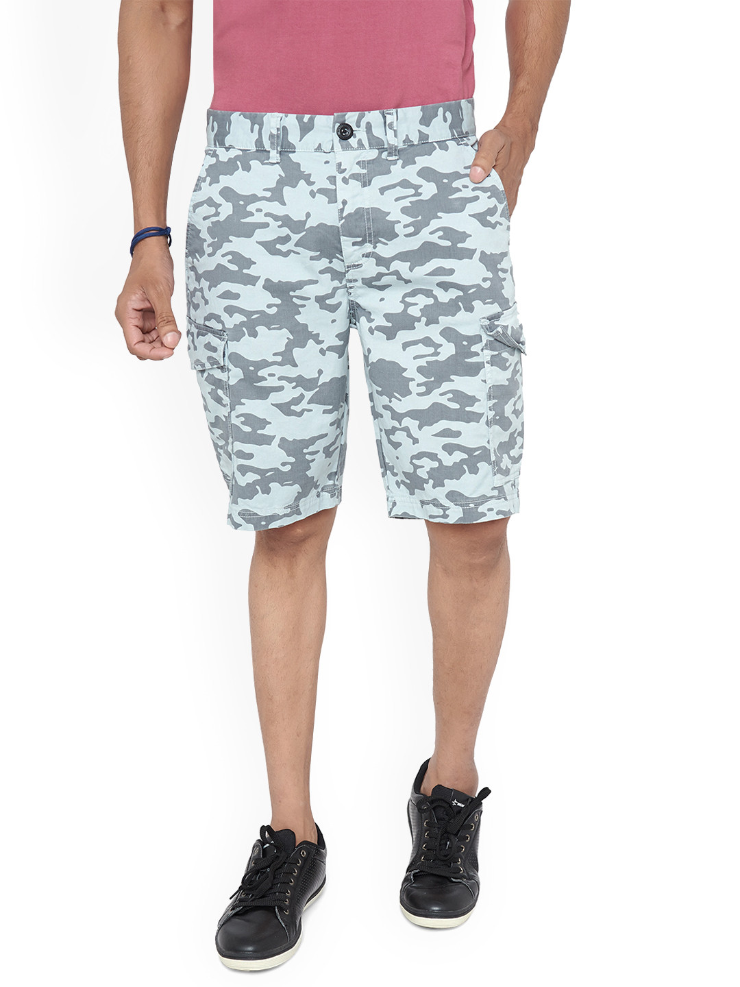 Buy Breakbounce Men Grey Camouflage Print Slim Fit Cargo Shorts ...