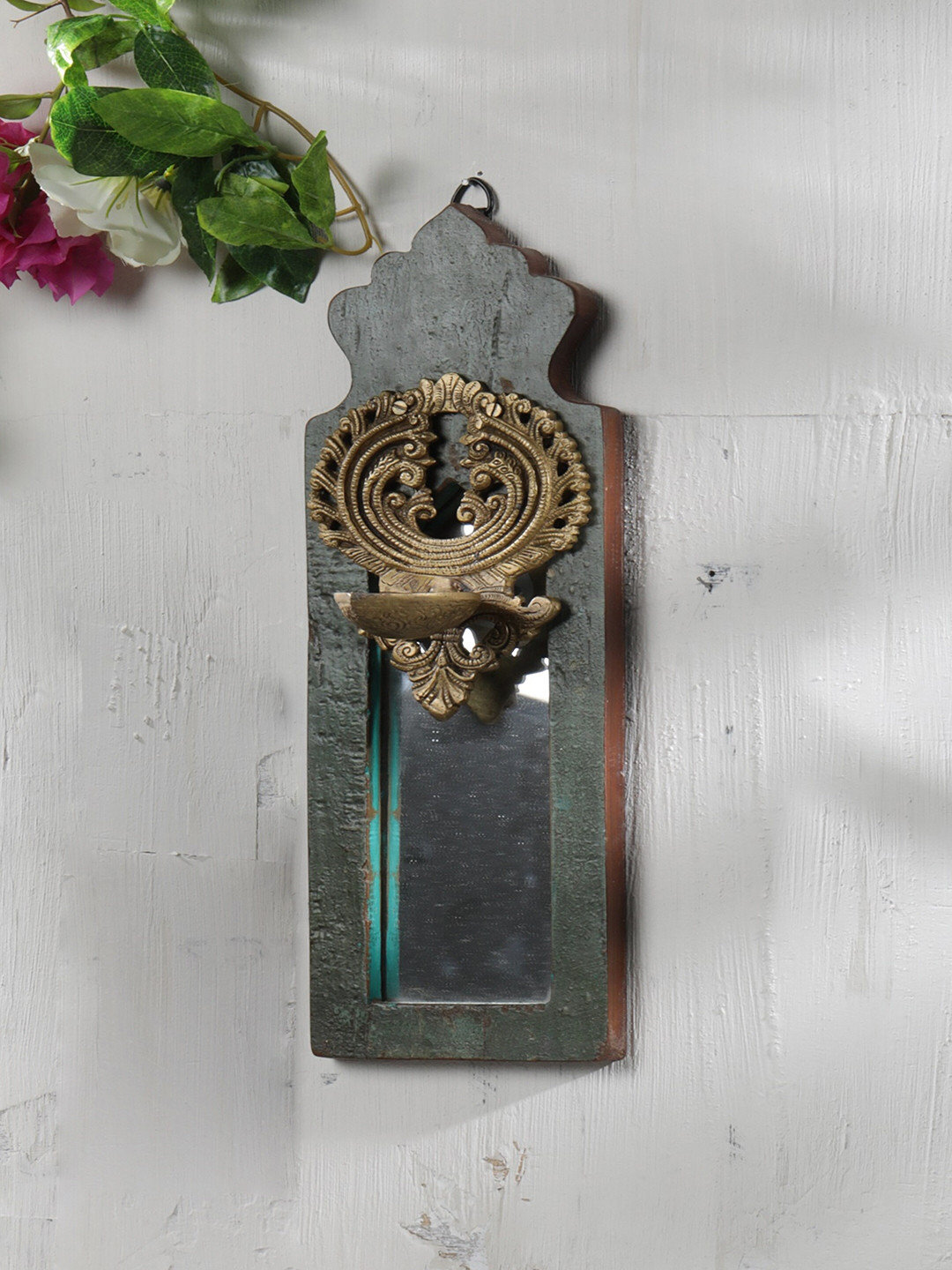 Buy Amoliconcepts Green Distress Finish Mirror With Brass Bell Diya ...