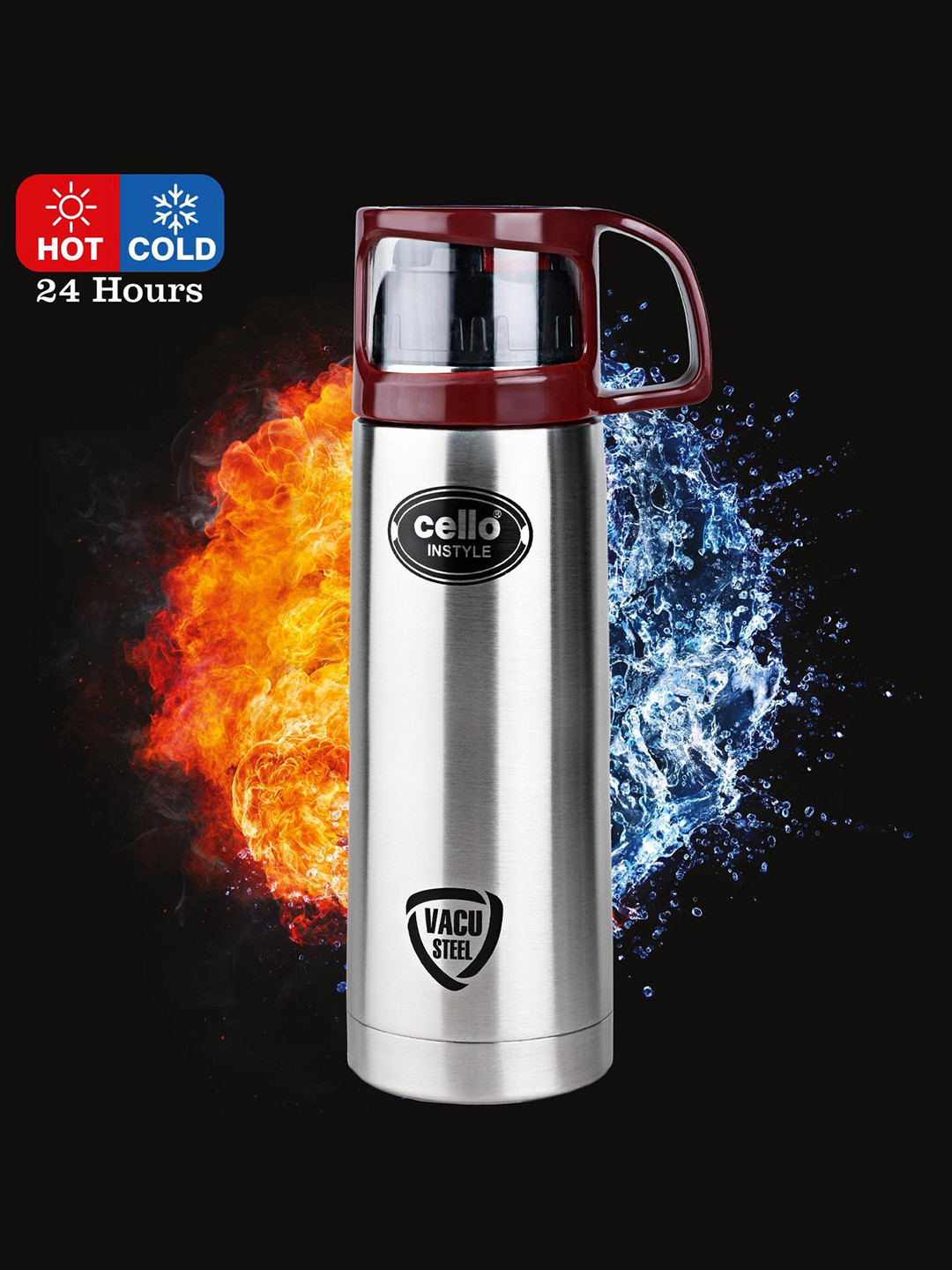 Buy Cello Instyle Black Stainless Steel Double Walled Water Flask With ...