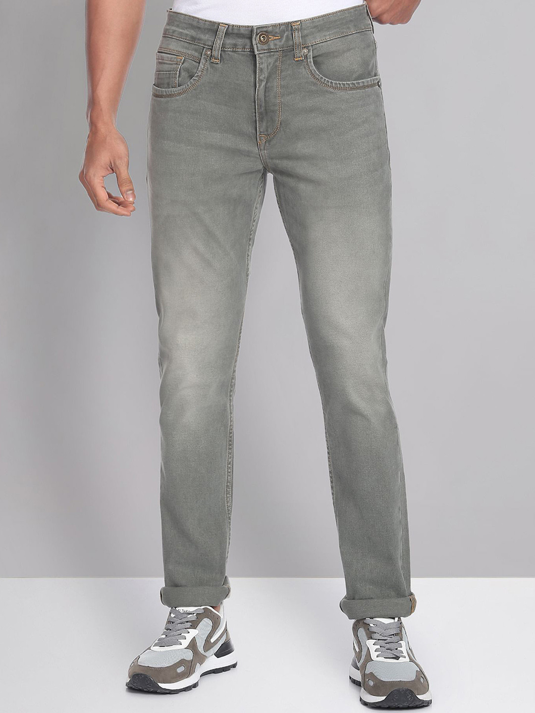 Buy AD By Arvind Men Slim Fit Clean Look Cuffed Hem Heavy Fade ...