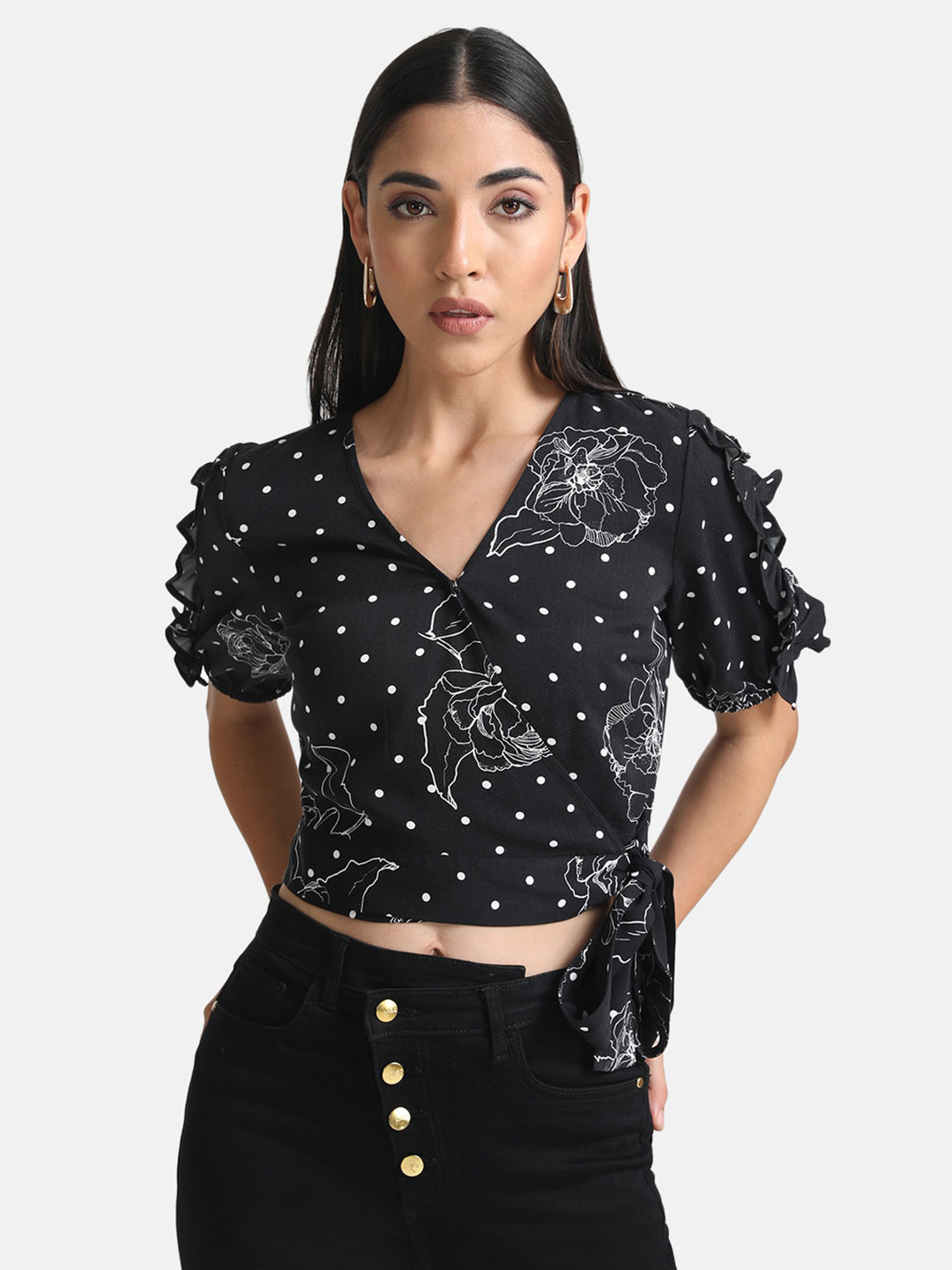Buy Kazo Black Floral Printed Wrap Crop Top - Tops for Women 22009296 | Myntra