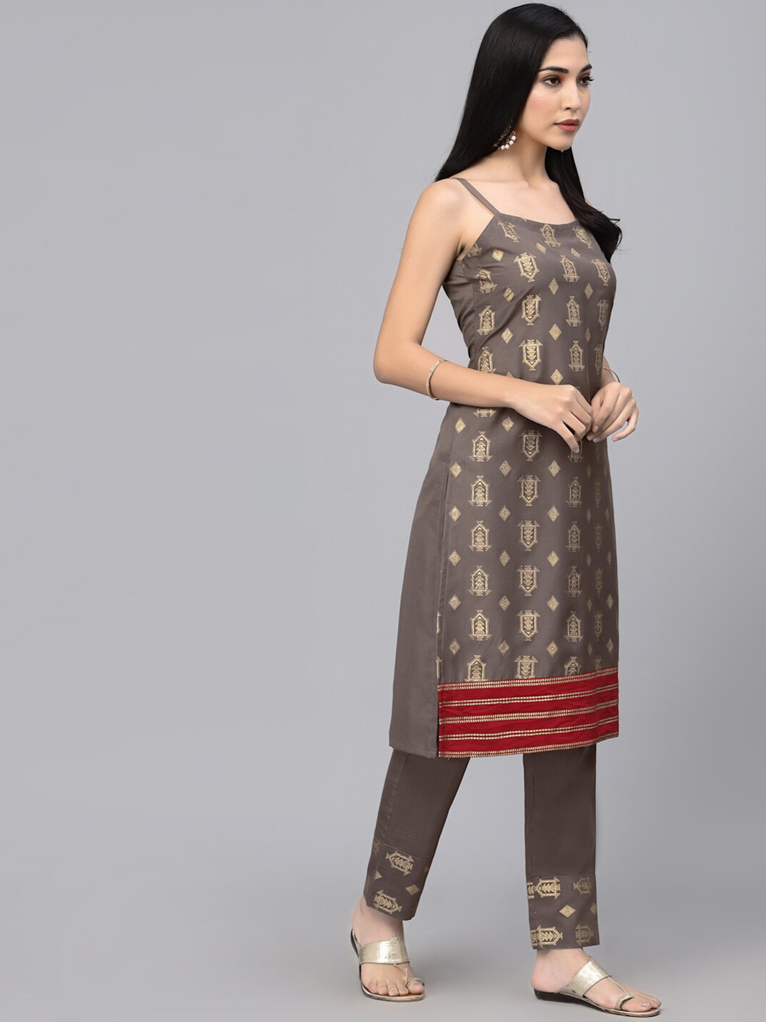 Buy SKYLEE Ethnic Motifs Printed Shoulder Strap Kurta With Trousers Set ...