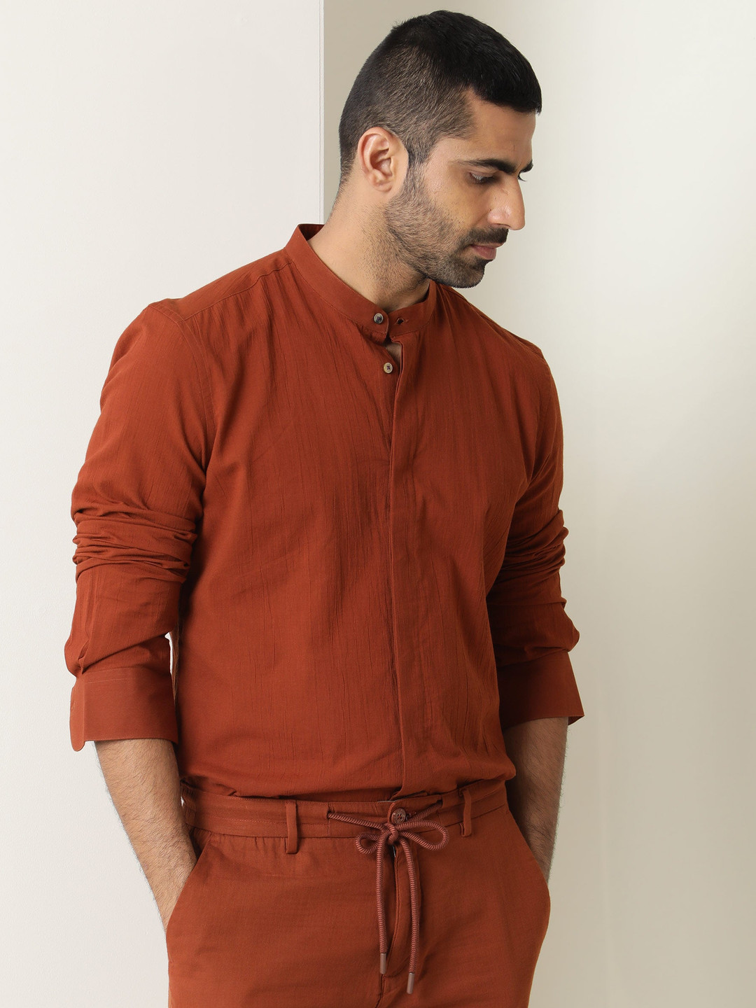 Buy RARE RABBIT Men Crinckle Slim Fit Band Collar Cotton Shirt - Shirts ...