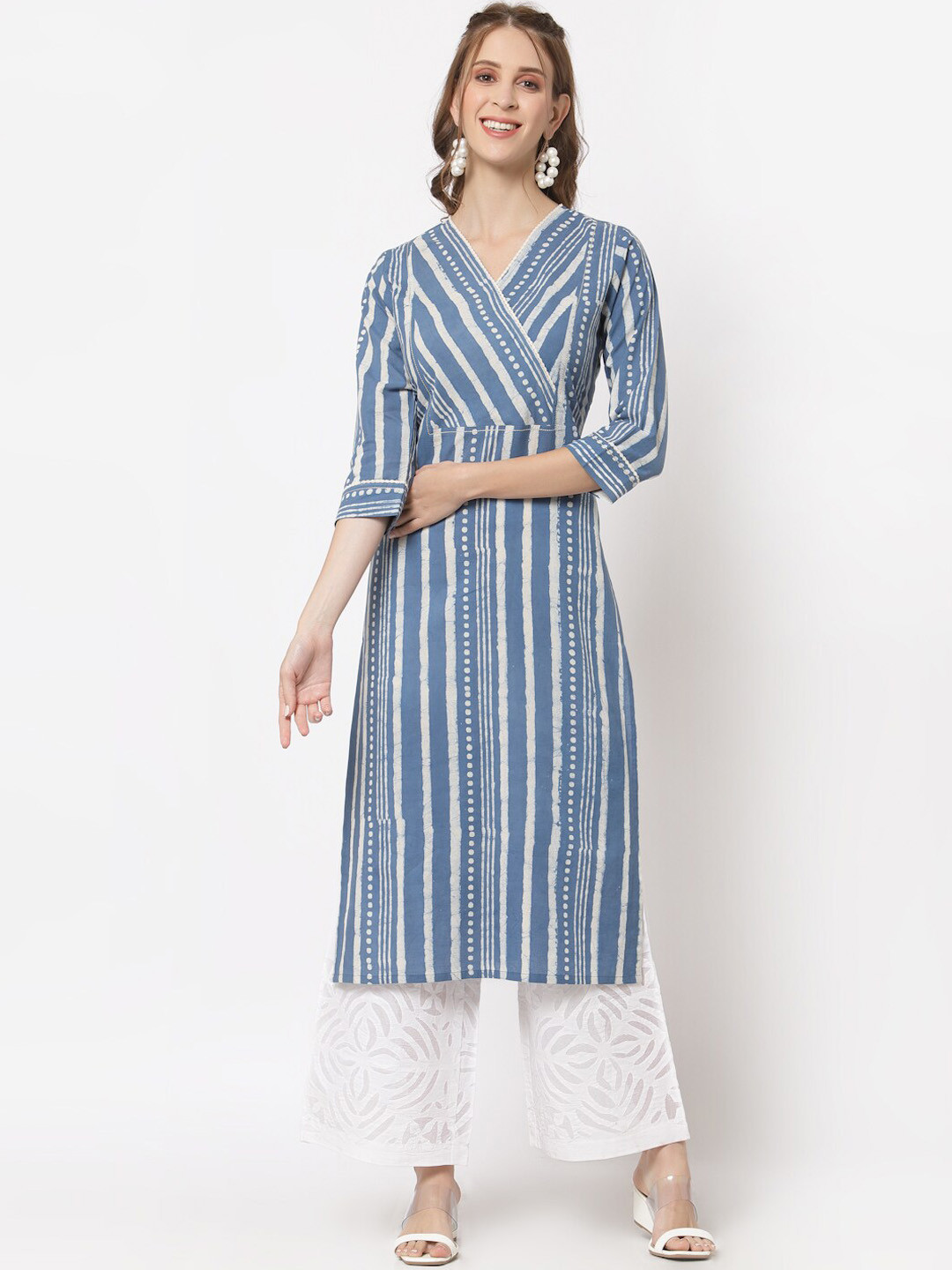 Buy KAMI KUBI Women Striped Cotton V Neck Angrakha Kurta - Kurtas for ...