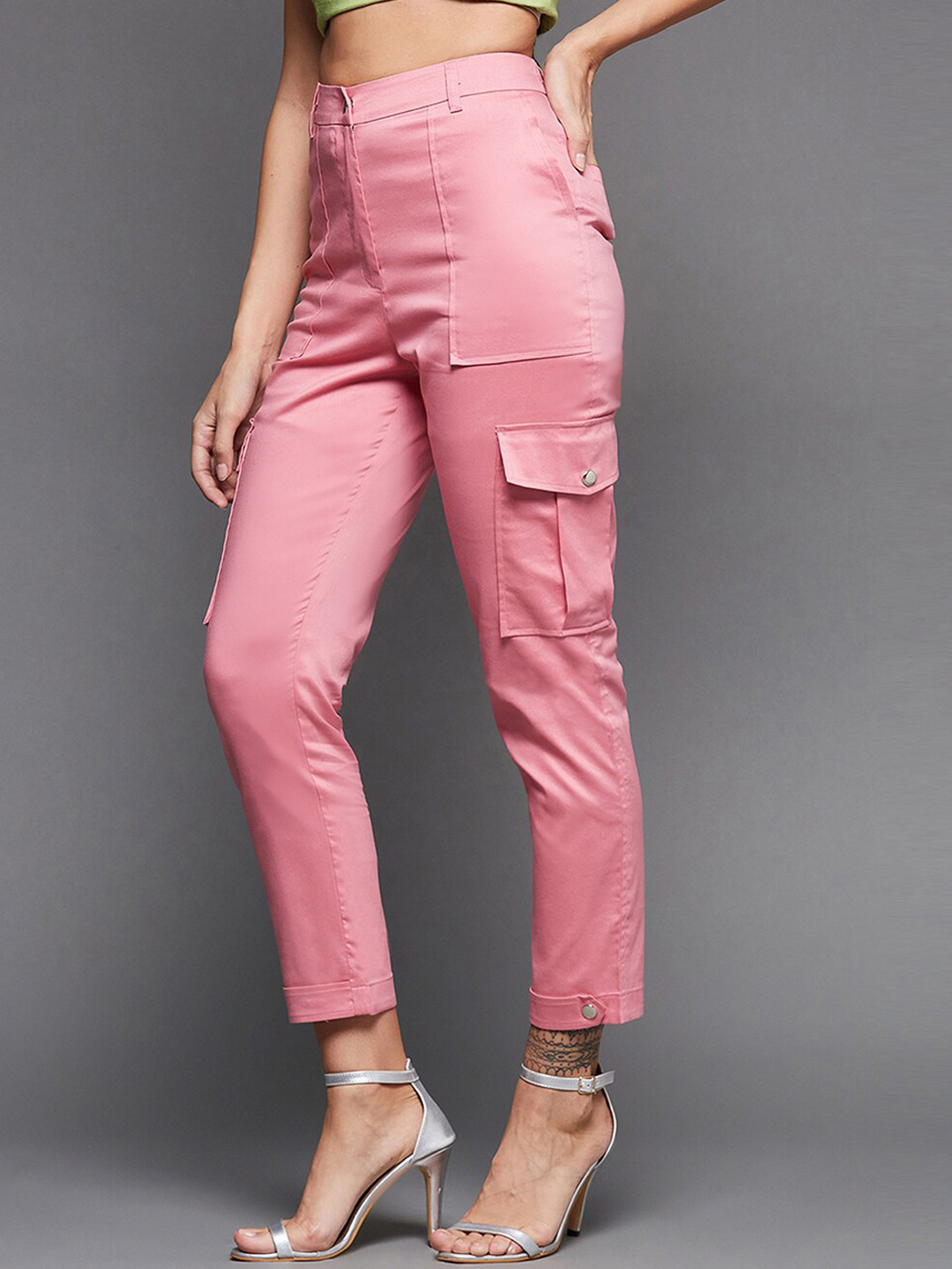 Buy Miss Chase Women Pink Relaxed High Rise Cargos Trousers - Trousers ...