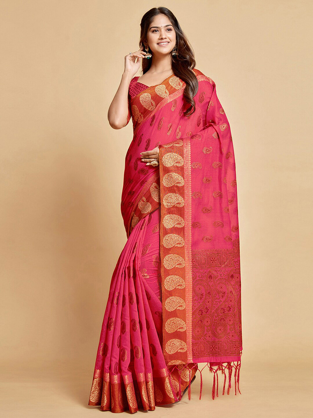 Buy Satrani Ethnic Motifs Woven Design Zari Banarasi Saree - Sarees for ...