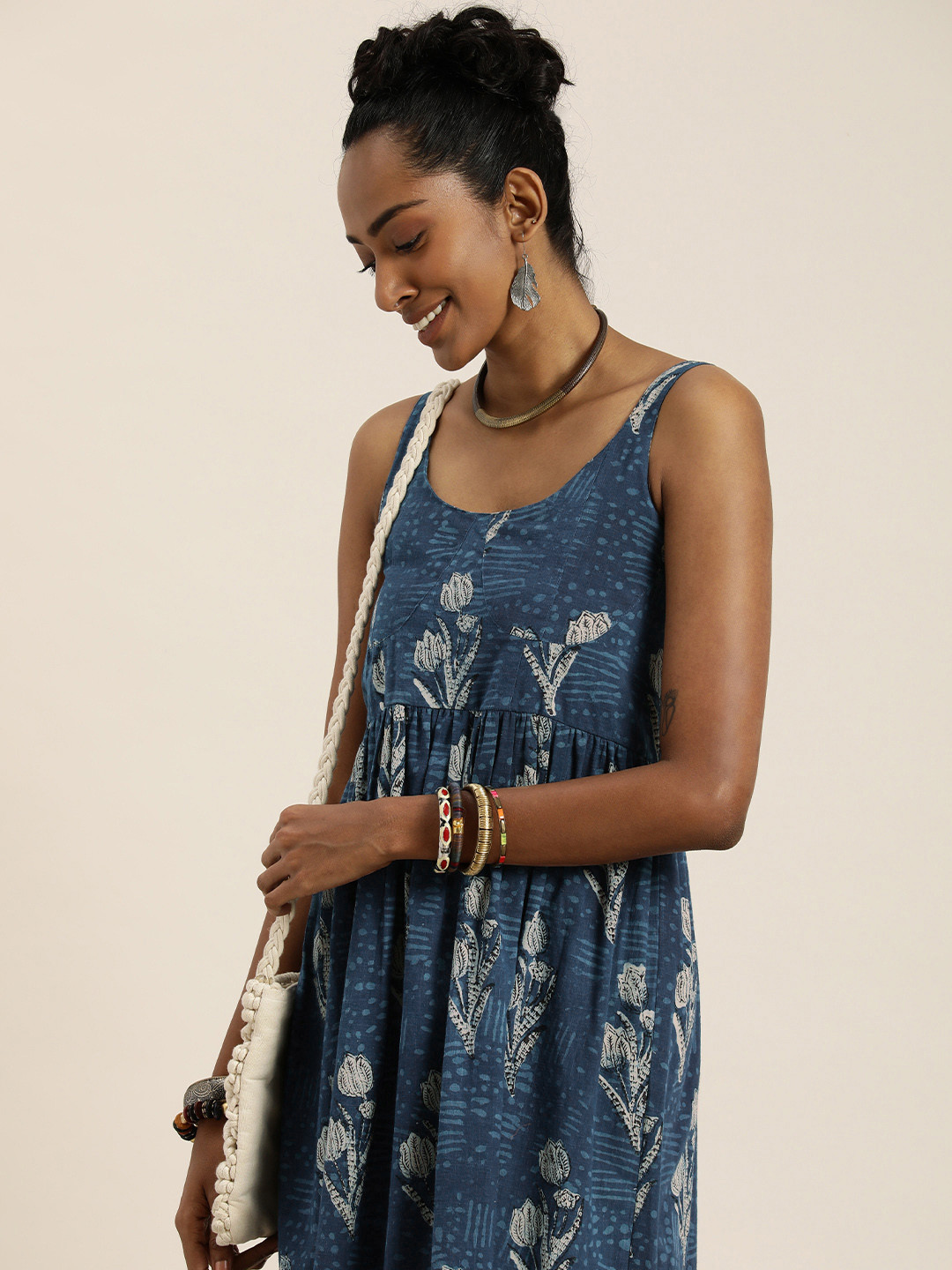 Buy Taavi Pure Cotton Floral Printed Indigo Maxi Dress - Ethnic Dresses ...